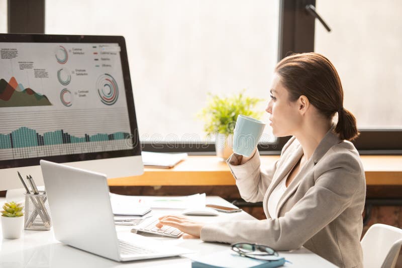 Having drink and working stock image. Image of organization - 146268803