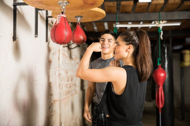 Having fun in a boxing gym stock image. Image of coach - 100604877