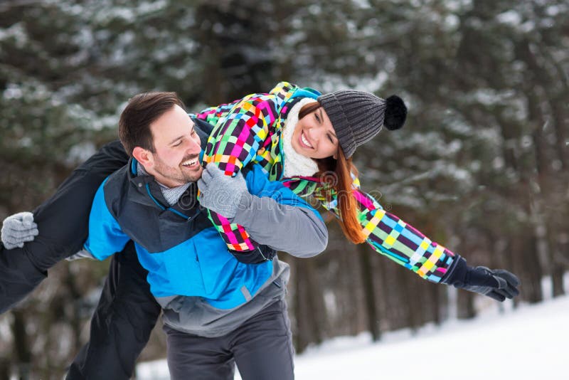 Couple Having Fun on Snow Day at Top High Montain Stock Image - Image ...