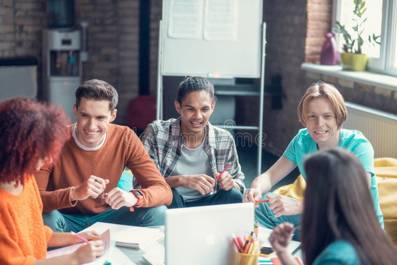 Cheerful Students Having Group Discussion after Watching Webinar Stock ...