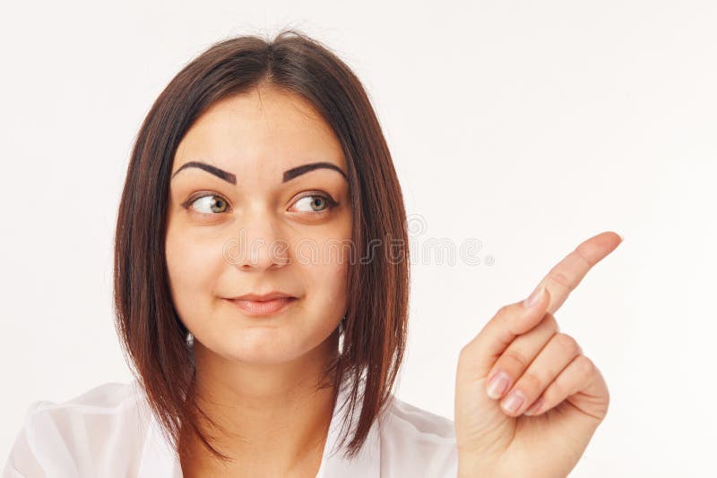 Having an Idea Woman Pointing Finger To the Side Stock Photo - Image of ...