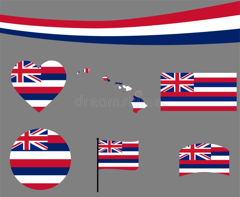 Hawaii Flag Map Ribbon and Heart Icons Vector Collection Stock ...