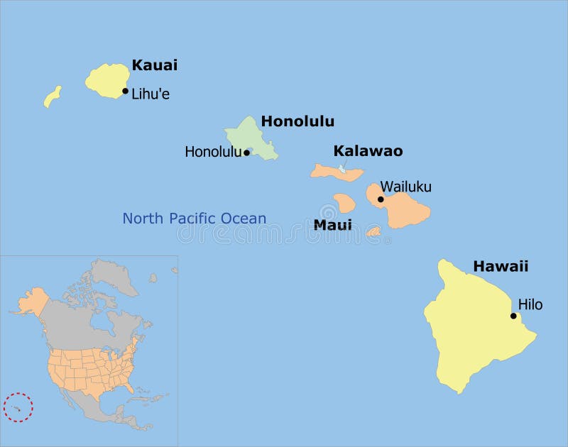 Hawaii County Map with 5 Counties Stock Photo - Illustration of region ...