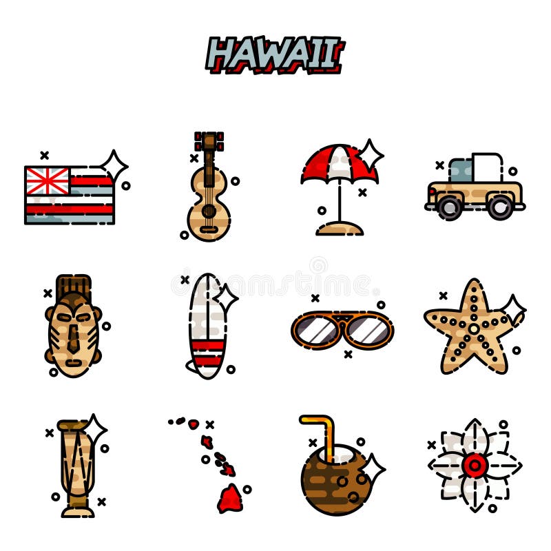 Hawaii flat icons set stock vector. Illustration of enjoyment - 93546641