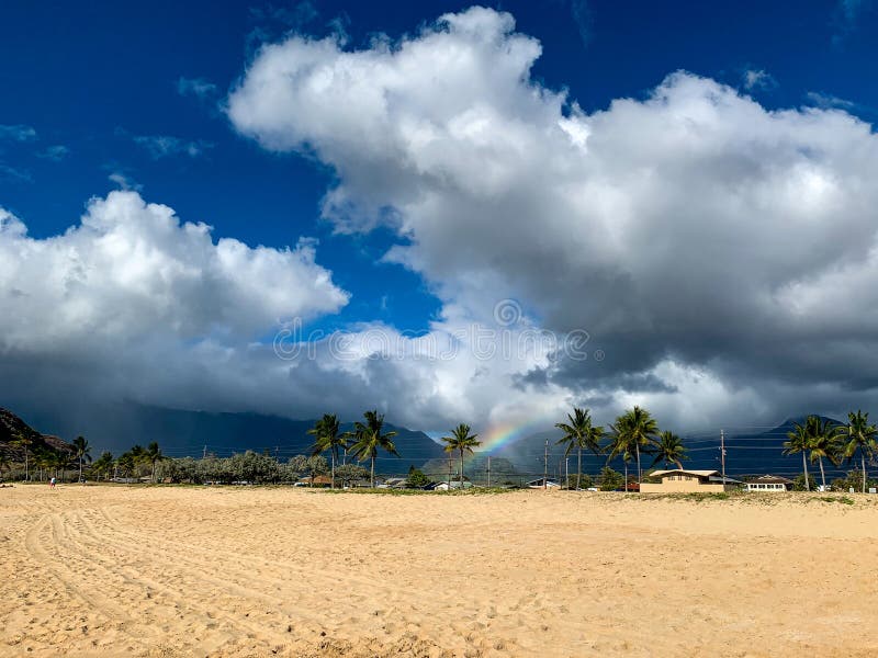 Hawaii Oahu Beach and Rainbow in the Sky Stock Photo - Image of sunny ...