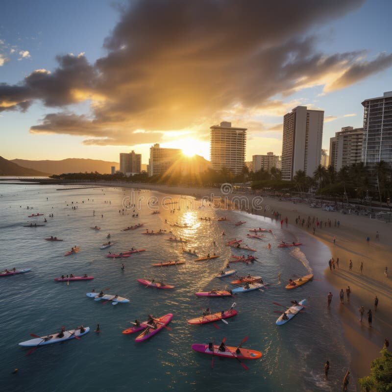 Hawaii Sunset Over Waikiki Beach Stock Photo - Image of people ...