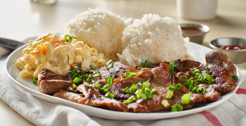 Hawaiian Bbq Plate with Barbecue Chicken and Rice Stock Photo - Image ...