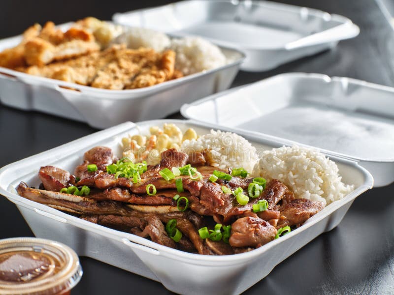 Hawaiian Bbq in Take Out Container with Mix of Barbecue Meats Stock ...