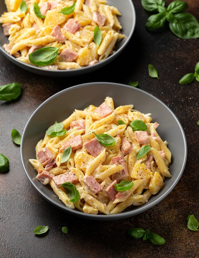 Hawaiian Pasta with Ham, Pineapple and Creamy Cheese. Stock Image ...