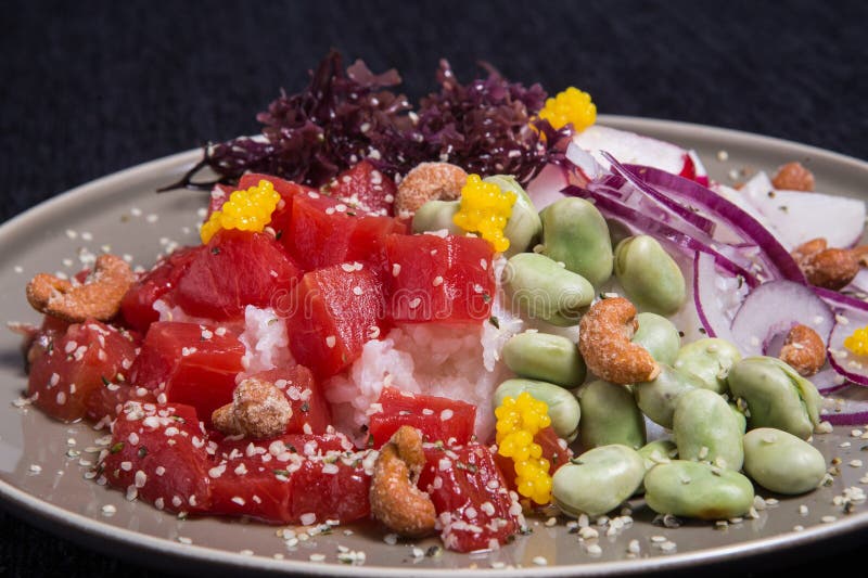 Hawaiian Poke Bowl with Salmon, Avocado, Radish, Edamame Beans, Red ...