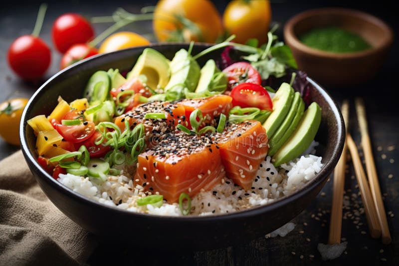 Hawaiian Salmon Fish Poke Bowl with Rice Stock Illustration ...
