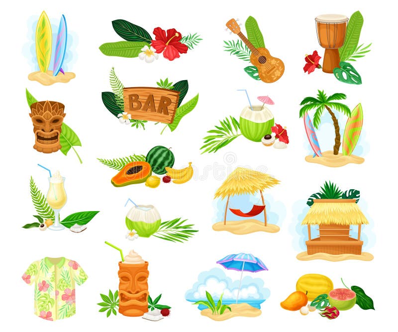 Hawaiian Symbols and Beach and Summer Rest Attribute Big Vector Set ...