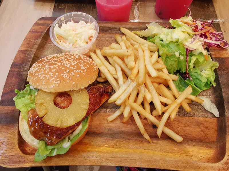 Hawaiian Teriyaki Chicken Burger With Fries And Coleslaw Stock Image Image Of Coleslaw