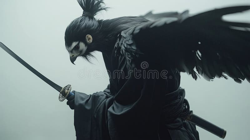 Hawk Dressed As Samurai Wields Sword in Cinematic Pose Stock ...