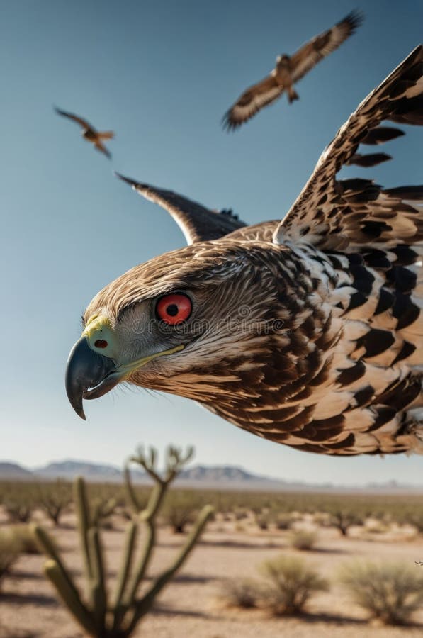 Majestic Red-Eyed Hawk Soaring Over Desert Landscape Stock Illustration ...