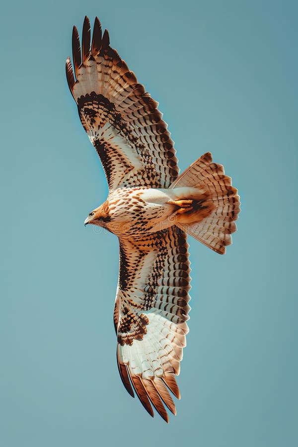 A Hawk in Flight with Its Wings Spread Wide Against a Clear Blue Sky ...