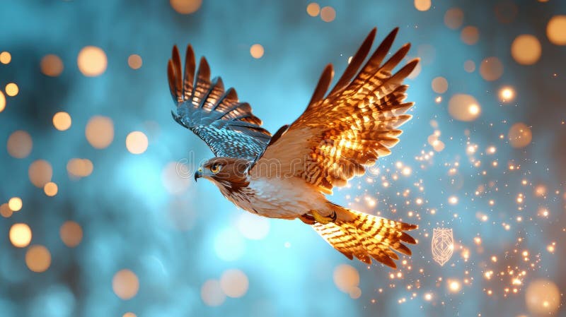 Hawk in Flight with Magical Lights Stock Illustration - Illustration of ...