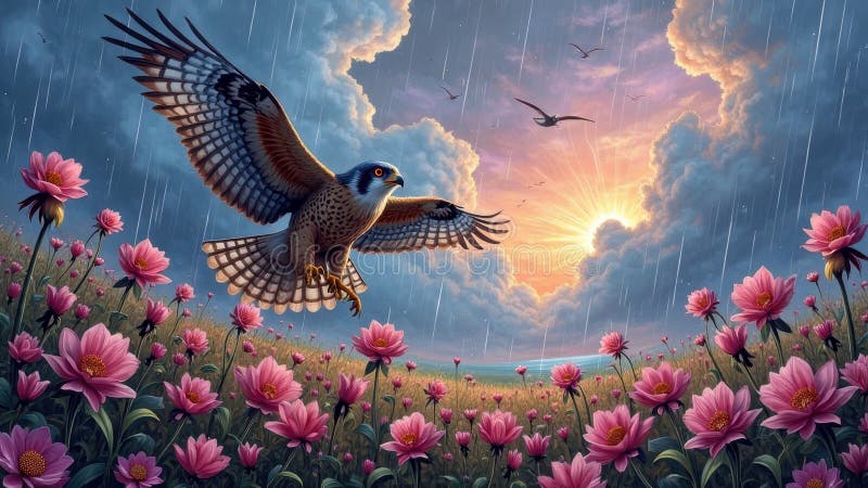 Hawk in Flight Over Field of Pink Flowers with Dramatic Sunset and Rain ...