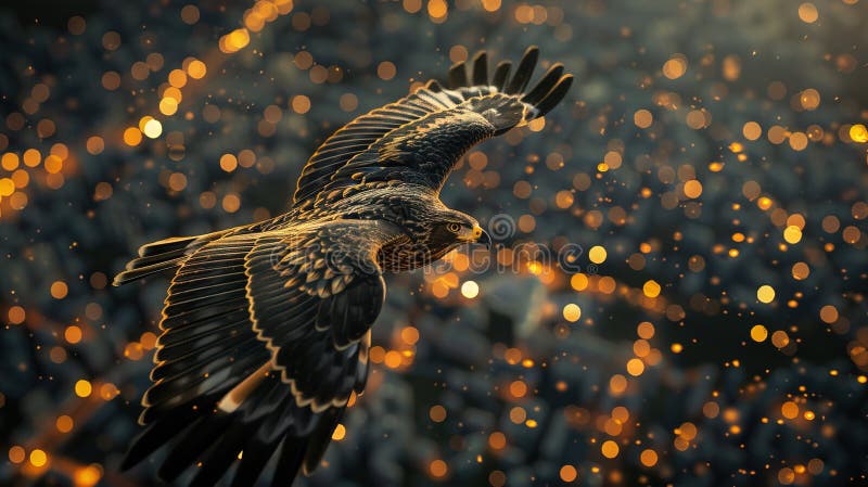 A Hawk Fly and Secure a City from the Sky Night Realistic ...