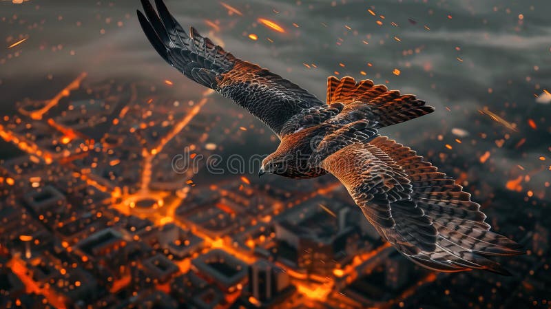 A Hawk Fly and Secure a City from the Sky Night Realistic ...