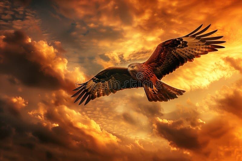 A Hawk Flying in the Orange Sunset Sky Ai Photo Stock Illustration ...