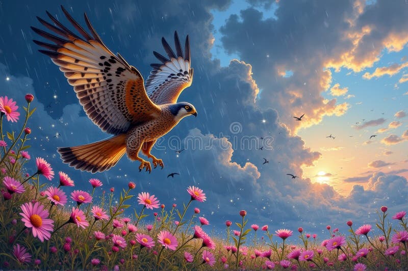 Hawk Flying Over a Wildflower Field at Sunset with Dramatic Rain and ...