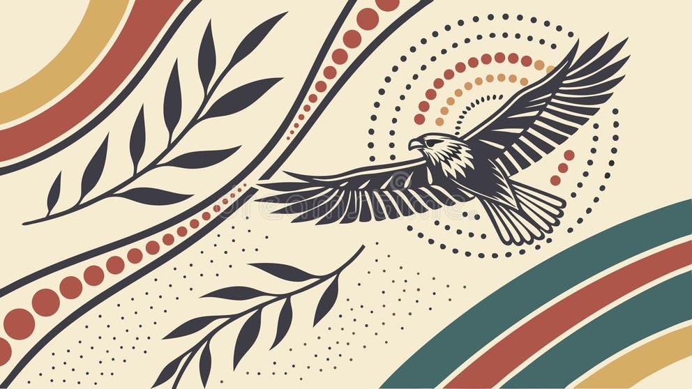 A Hawk Flying through a Retro Landscape with Striped Patterns, Vector ...