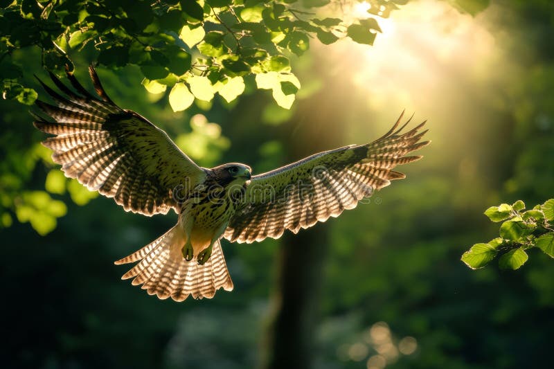 Majestic Hawk Soaring through Sunlit Forest with Outspread Wings during ...