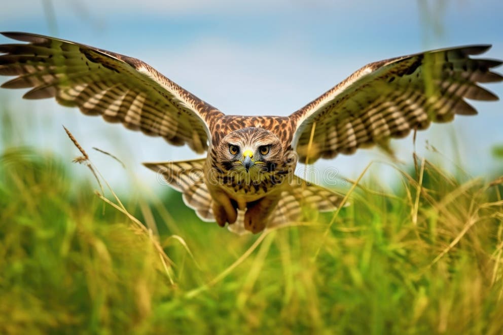 Hawk Hovering Over a Meadow, Eyes Locked on a Target Stock Image ...