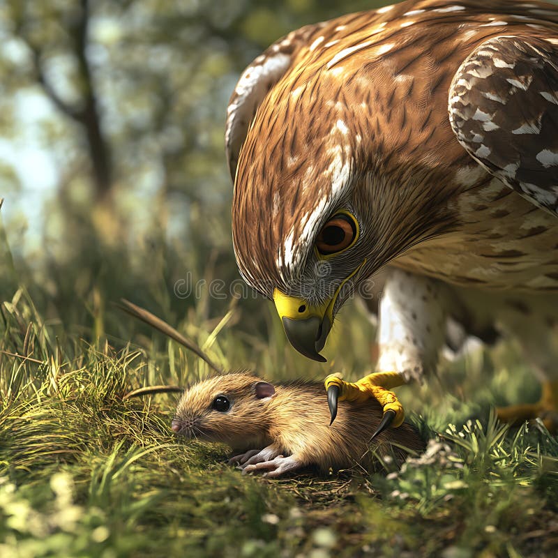 A Hawk Hunting a Field Mouse in a Grassy Field Stock Illustration ...