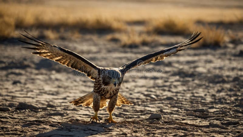 A Hawk Landing Gracefully on a Dry, Sandy Terrain during Golden Hour ...