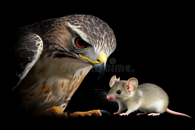 Hawk and Mouse, Predator and Prey Wildlife Portrait on Black with ...