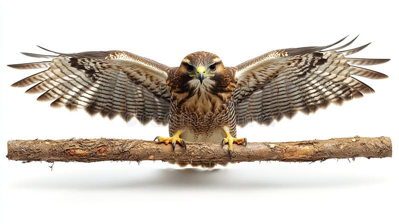Hawk with Outstretched Wings Perched on a Branch. a Focused, Predatory ...