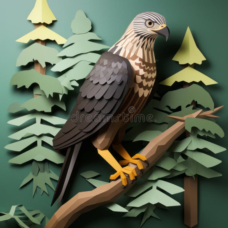 Hawk Paper Craft: Polygon Design Perched on Tree Branch Wall Decor ...