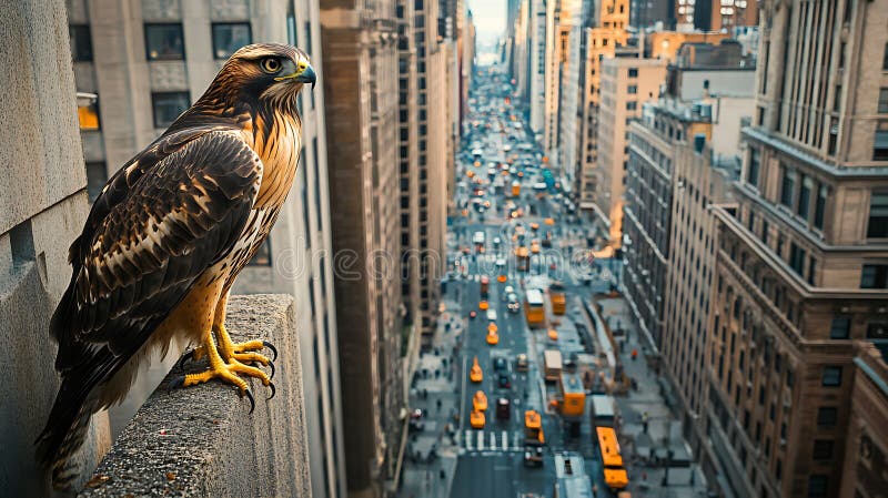 A Hawk Perched on a Ledge of a Tall Building Stock Image - Image of ...