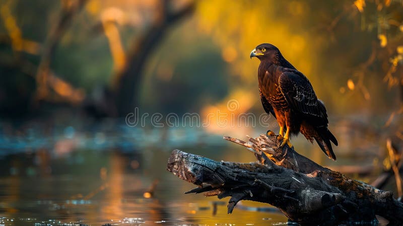A Hawk is Perched on a Log in the Water Stock Image - Image of water ...