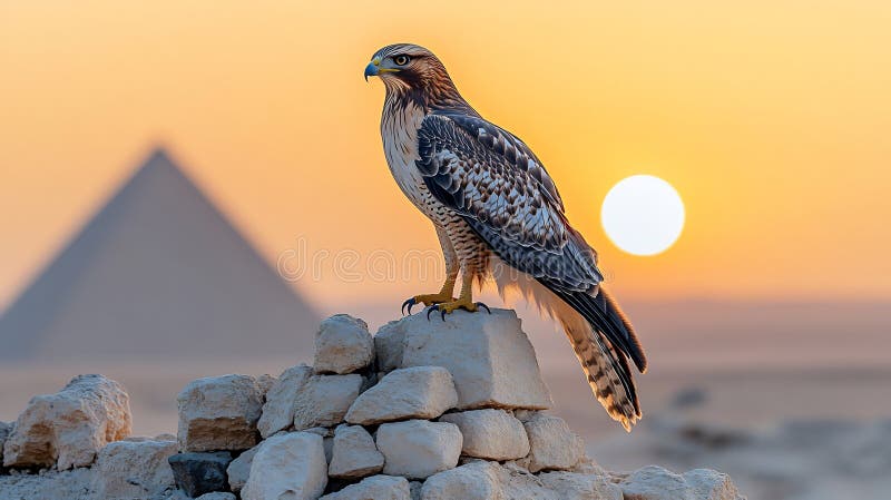 Hawk Perched on a Pyramidâ€™s Peak in Ancient Egypt at Sunrise Stock ...