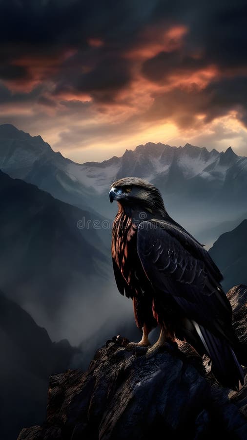 A Hawk with Piercing Red Eyes Perched on a Jagged Rock Against a Dark ...