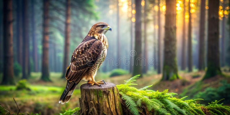 Hawk Resting on a Tree Stump in Dramatic Forest Wilderness AI-Created ...