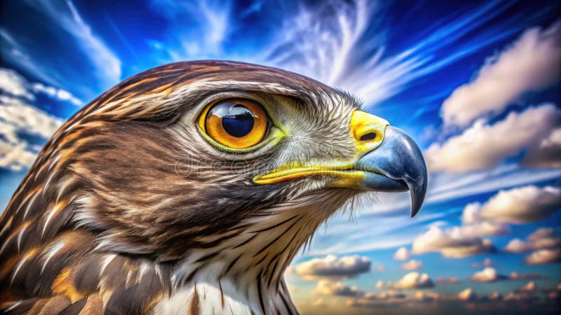 Hawk in Sharp Focus with Vibrant Sky and Clouds in Background Stock ...