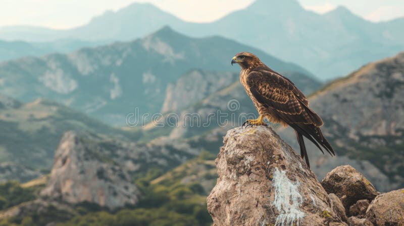 A Hawk Sitting Atop a Large Rock, Looking Out at the Landscape Stock ...