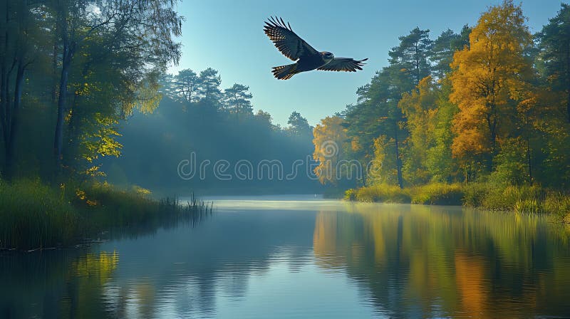 Hawk Soaring Over Autumn River, Misty Forest Stock Illustration ...
