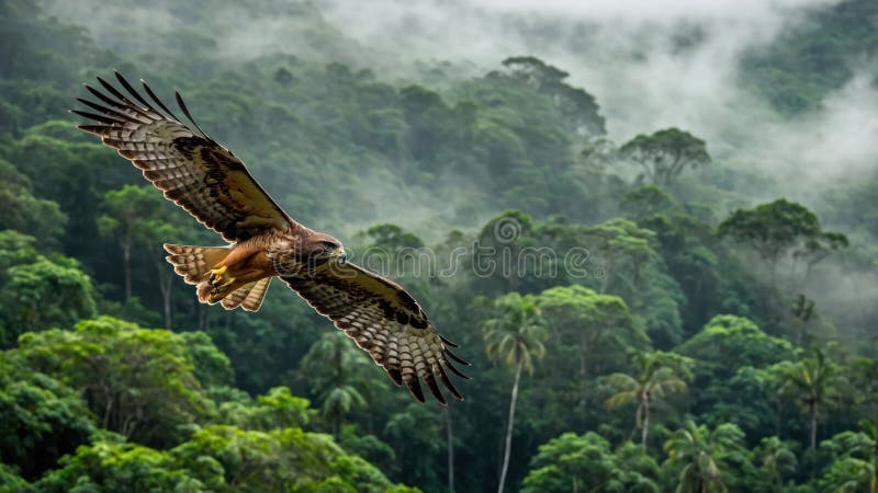 A Hawk Soaring Over a Lush, Misty Rainforest Landscape Stock ...