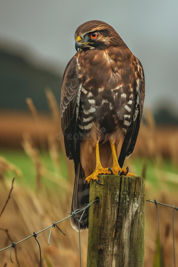 Hawk Standing on Wooden Post is Observing Surroundings Stock Photo ...