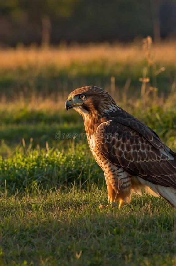 Majestic Red-tailed Hawk at Golden Hour in Grassland Stock Illustration ...