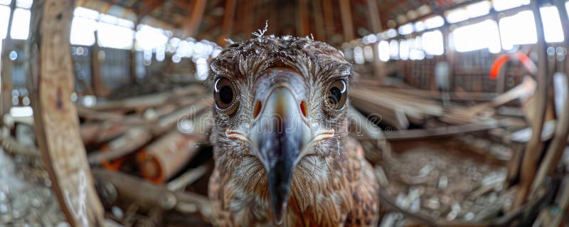 Close Up View of a Hawk in a Rustic Wooden Barn with a Fisheye Lens ...