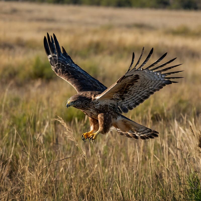 Hawk Swooping Down with Precision To Strike in a Windswept Open Field ...