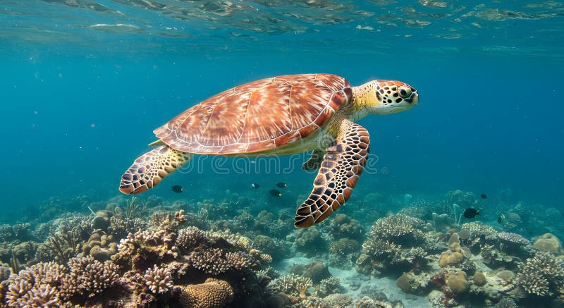 Hawksbill Sea Turtle Gracefully Navigating a Vibrant Coral Reef Stock ...