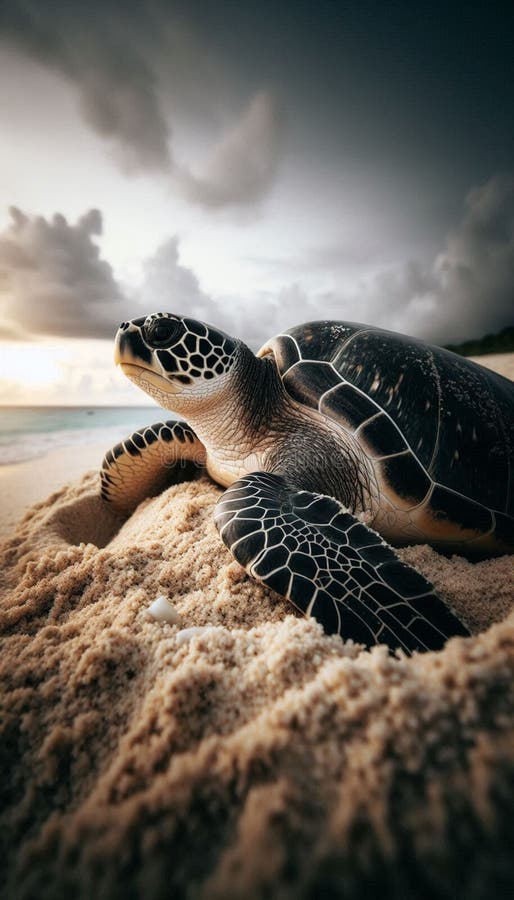 Hawksbill Turtle Nesting on a Beach Stock Illustration - Illustration ...