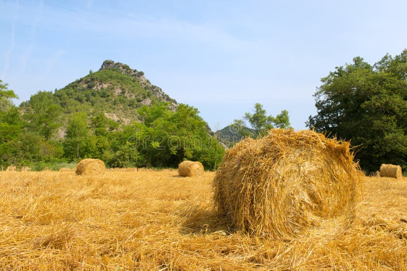 Hay bails in landscape stock image. Image of grass, blue - 53618051